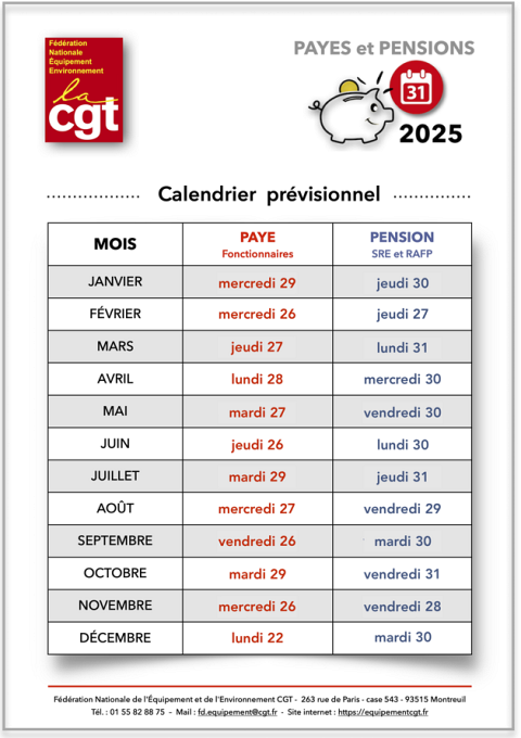 Calendrier annuel payes et pensions - FNEE CGT